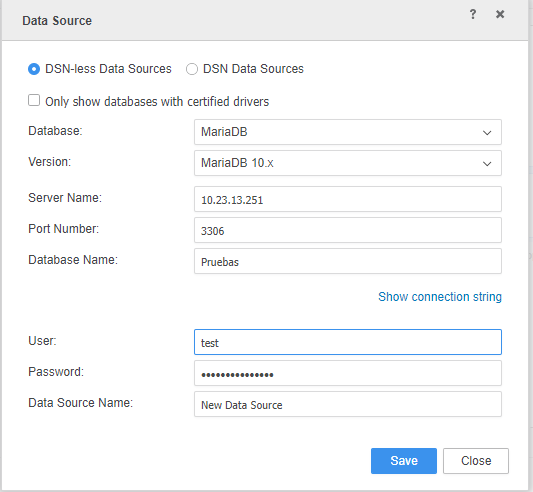 How to create a DSN-less connection to MariaDB to import data in MicroStrategy Web