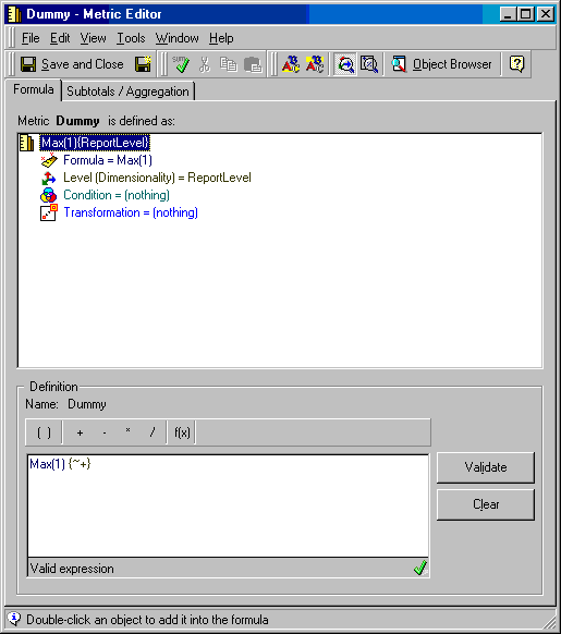 KB17917: How to create a metric that will return a static string in MicroStrategy Developer