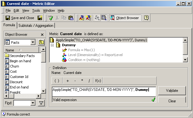 KB19274: How to create a metric that will show the current date of execution as a column on a ...