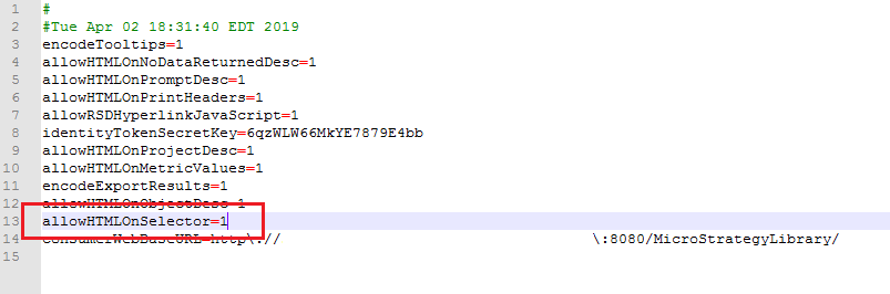 HTML tag attribute forms display as HTML code in selectors in MicroStrategy Web 2019