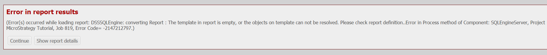 KB13150: ‘The template in the report is empty, or the objects on template can not be resolved ...