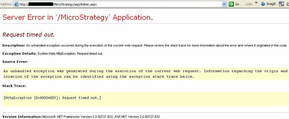 KB19185: ‘Server Error in ‘/MicroStrategy’ Application… Request timed out’ error is given when ...