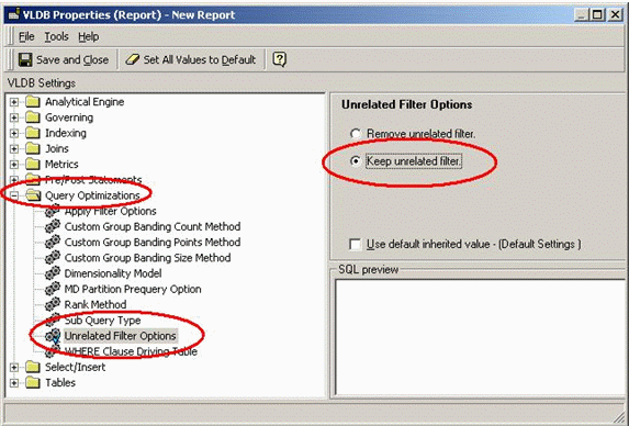 KB11121: How does the VLDB setting ‘Keep Unrelated Filter Elements’ work in MicroStrategy 9.x?