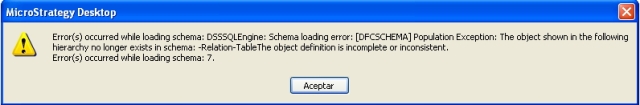 KB40006: "The object shown in the following hierarchy no longer exists in schema: -Relation ...
