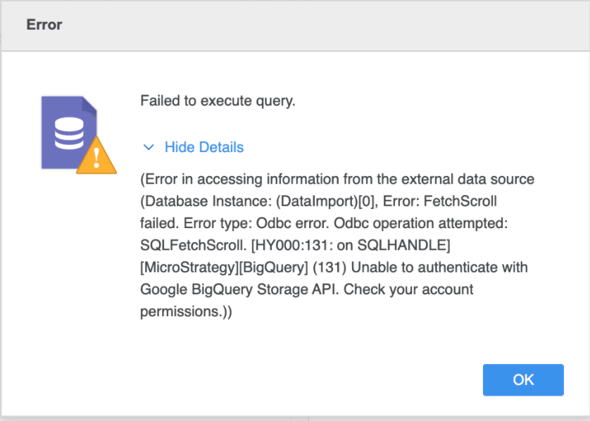 KB485362: "Unable to authenticate with Google BigQuery Storage API. Check your account ...