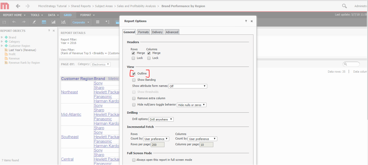MicroStrategy 10.11 new feature: Outline mode to display hierarchy data