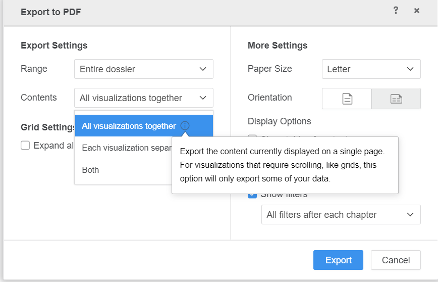 KB485686: Exporting Dossier which has the grid visualization with many rows to PDF, select “All ...