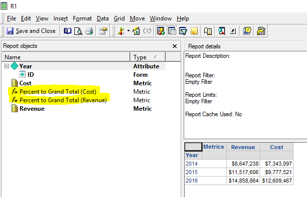 KB485667: Derived metrics created in report cannot be saved in Dossier's metric selector after ...